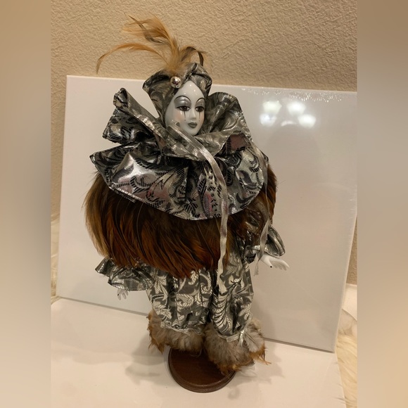 Other | Vintage Porcelain Silver Pierrot Doll With Brown Feathers ...